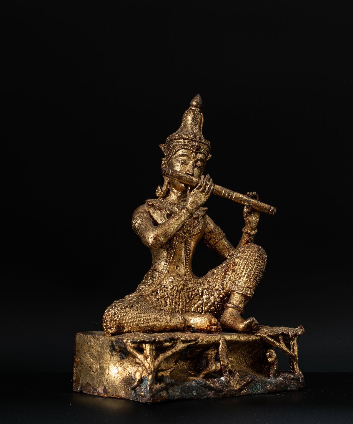 Vintage bronzen beeld van fluitspelende Thaise muzikant – 20 cm