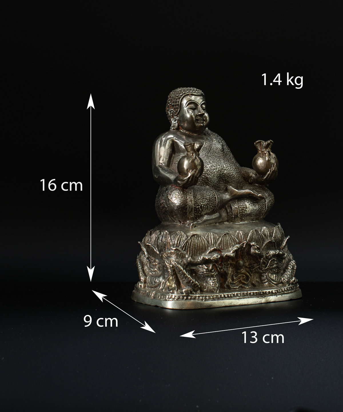 Verzilverd bronzen Hotei beeld met geldzakken – 16 cm