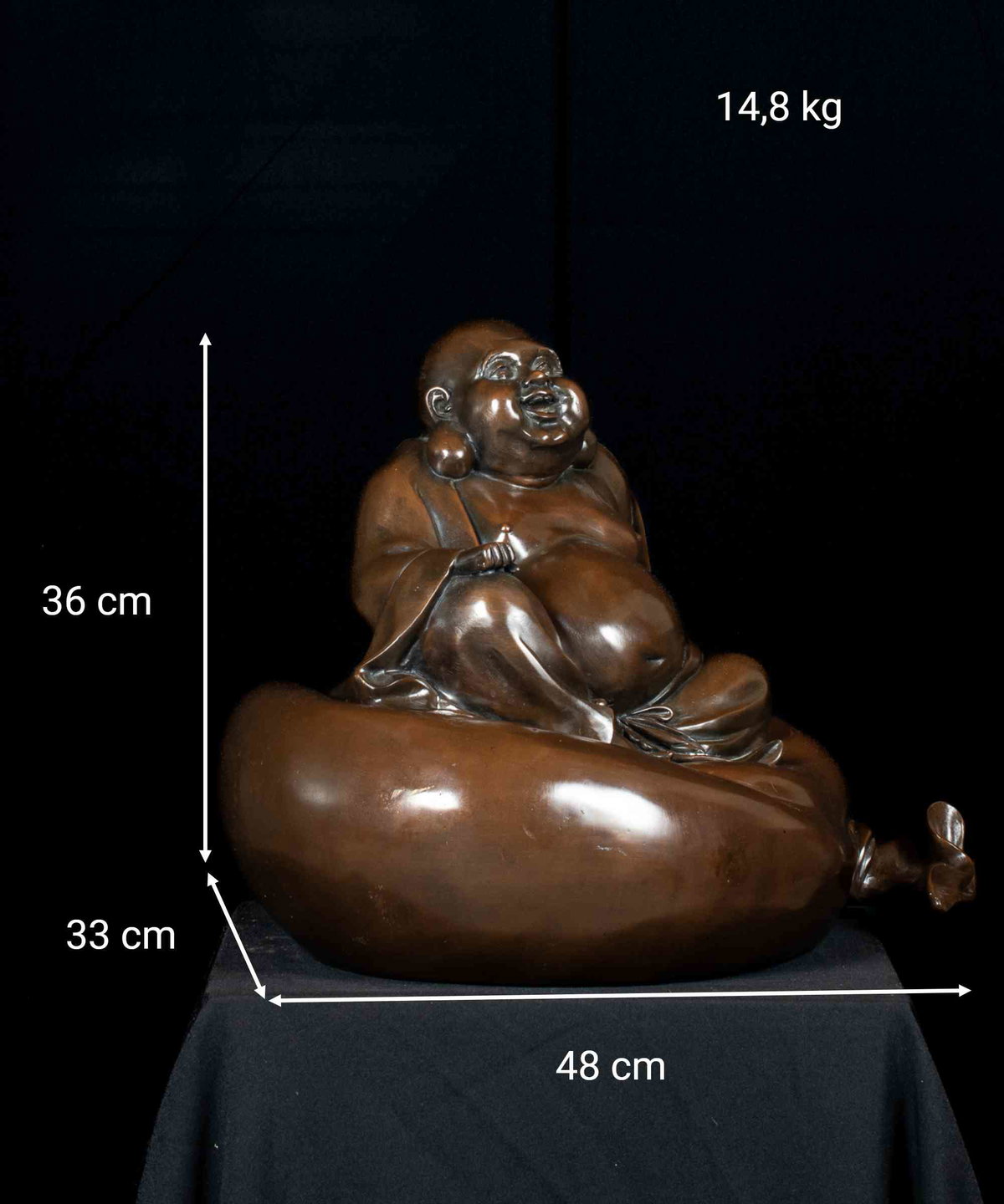 Bronze Happy Buddha on money bag with storage space – 36 cm