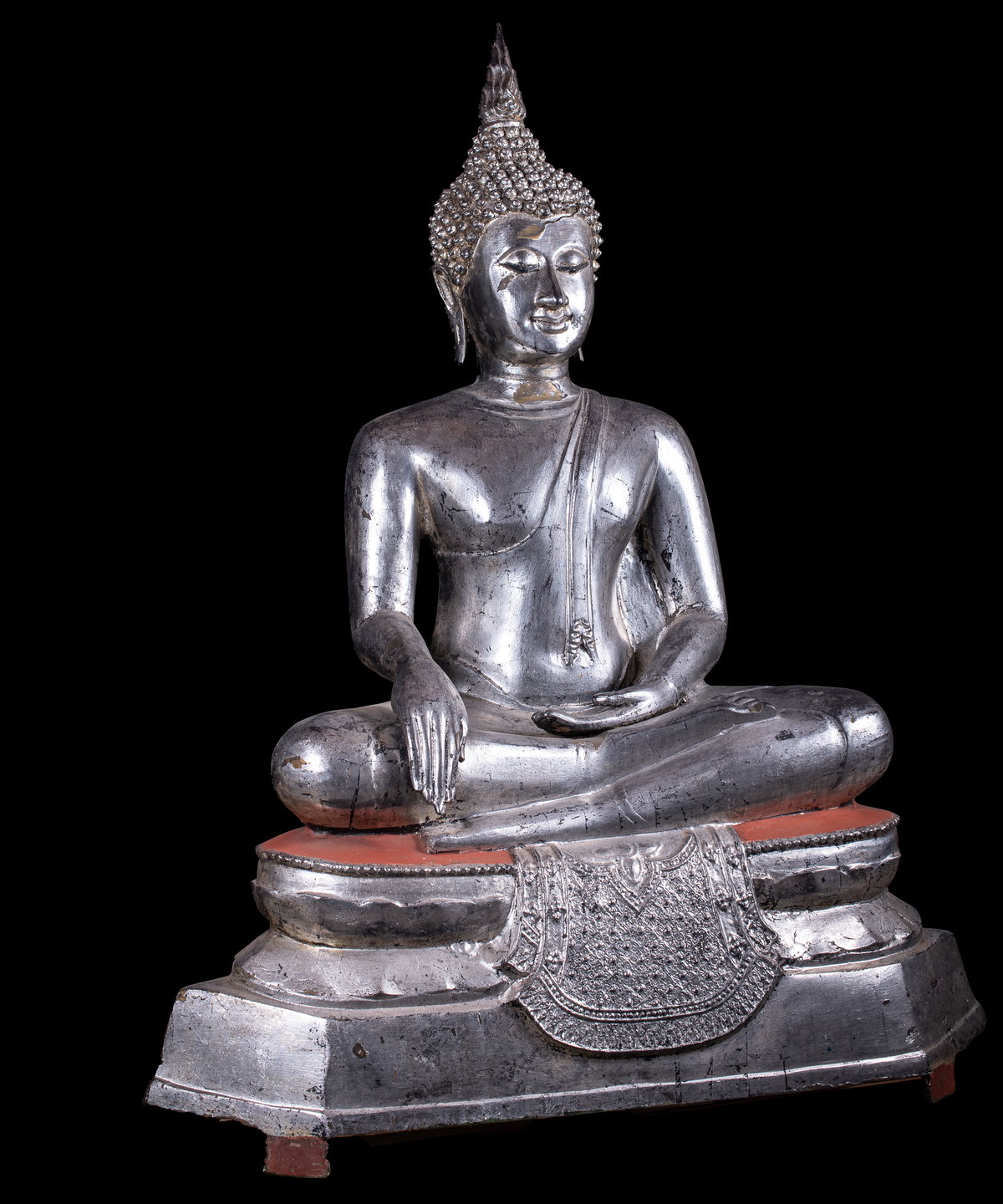 Zittende Boeddha Bhumisparsha mudra – verzilverd brons – 136cm