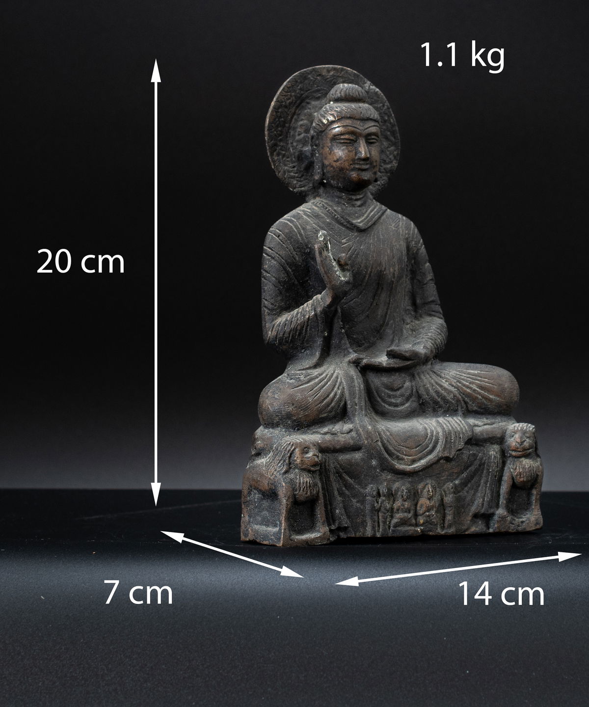 Bouddha assis avec auréole et socle en forme de lion – bronze 20 cm