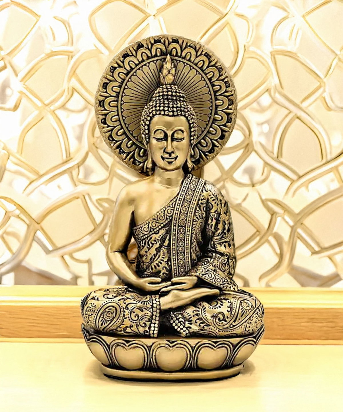 Buda dorado con halo – Dhyana mudra (25 cm)